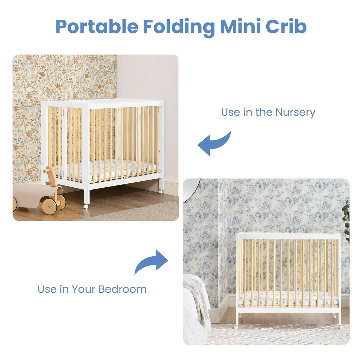 Mia Portable Folding Mini Crib with 1.5" Mattress - Bianca White/Natur ...