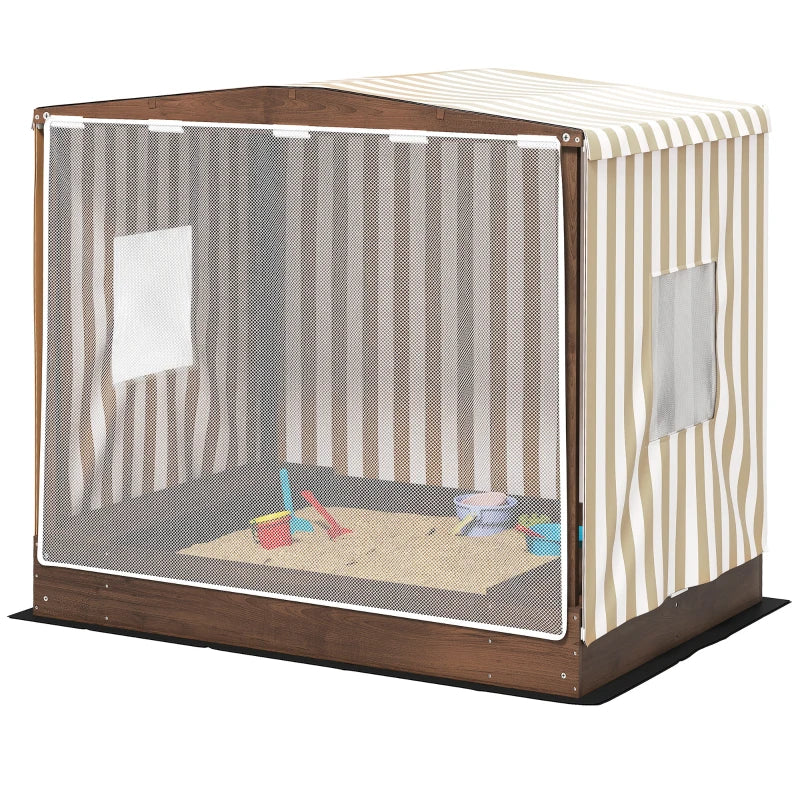 Qaba Kids Wooden Sandbox with Canopy Fully Covered, 2 Bench Seats, Bot ...