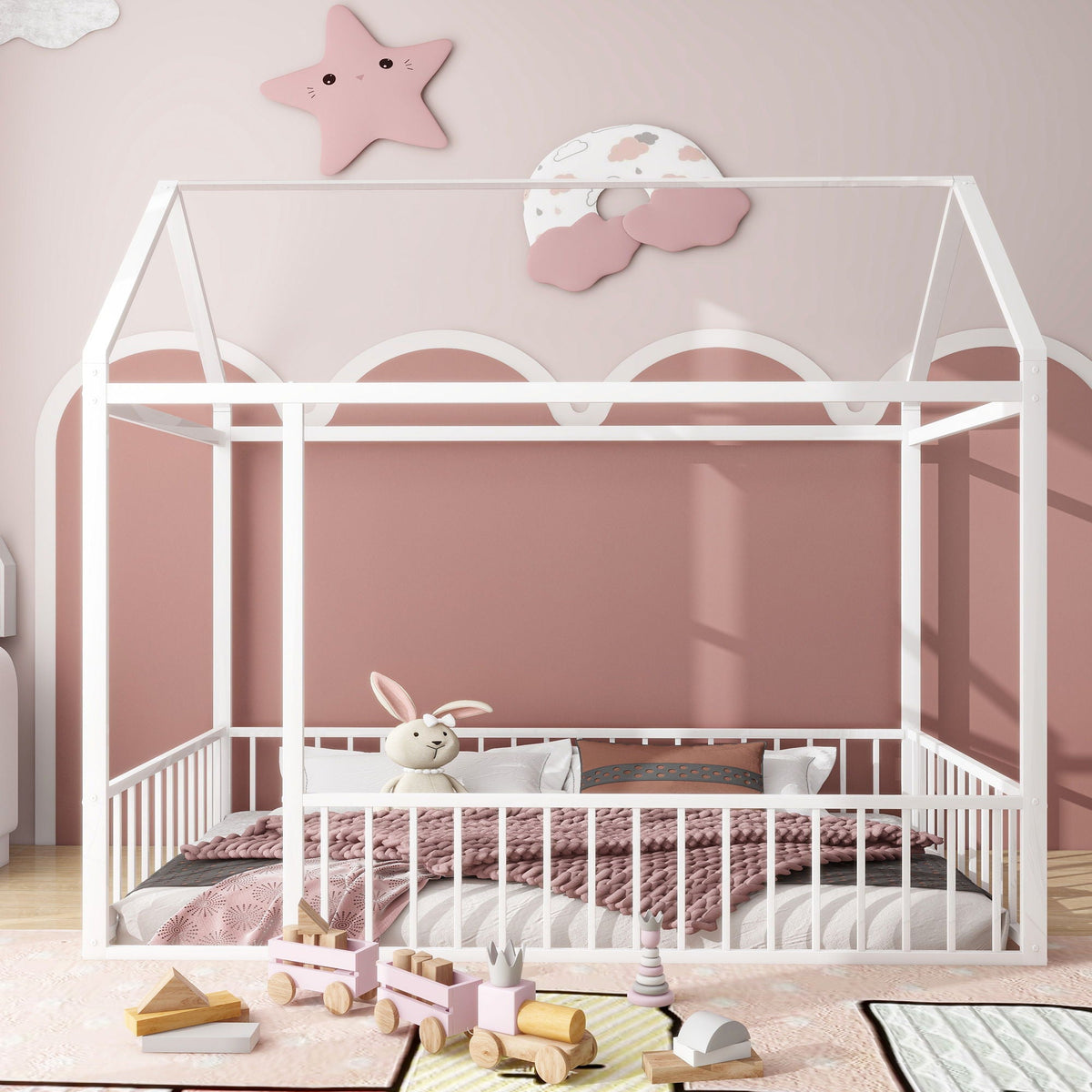 HALCYON HOME Twin Size Bed House Bed Frame With Fence - White – REBEL