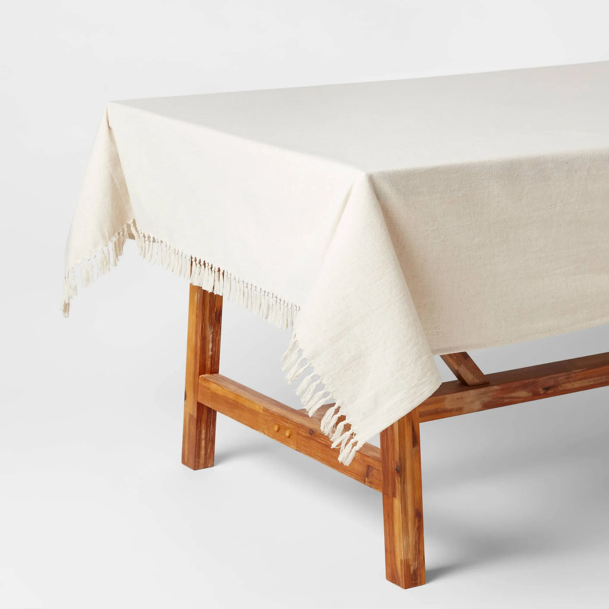 60" x 104" Cotton Slub Tablecloth with Tied Fringe Light Beige - Thres ...