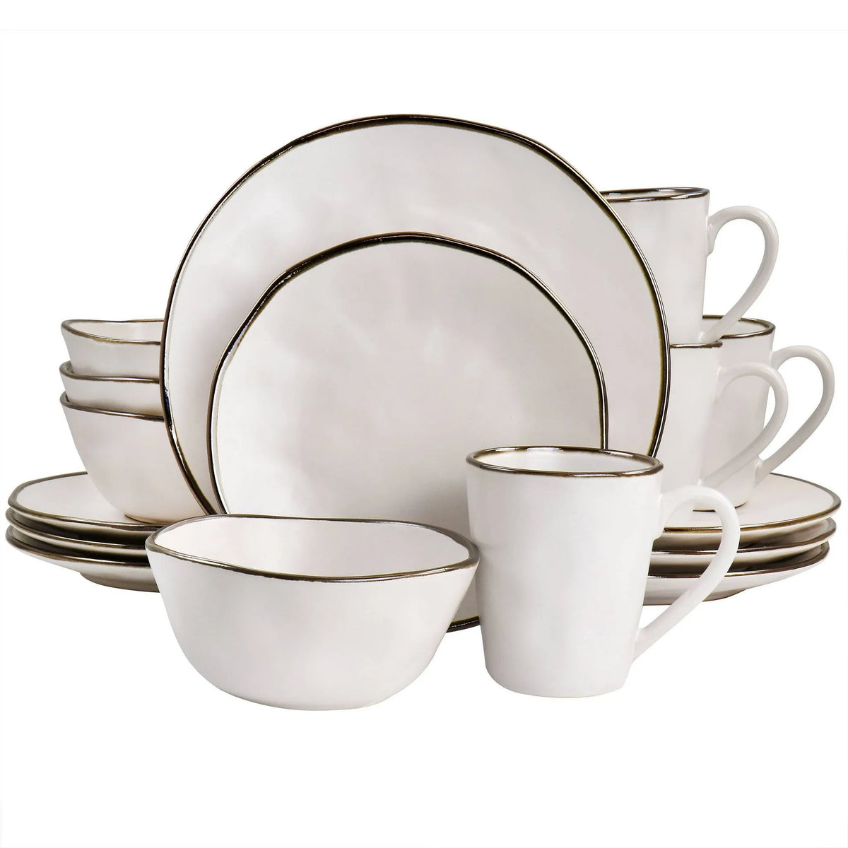 16pc Modern Stoneware Dinnerware Set with Rim- Matte White/Gold – REBEL
