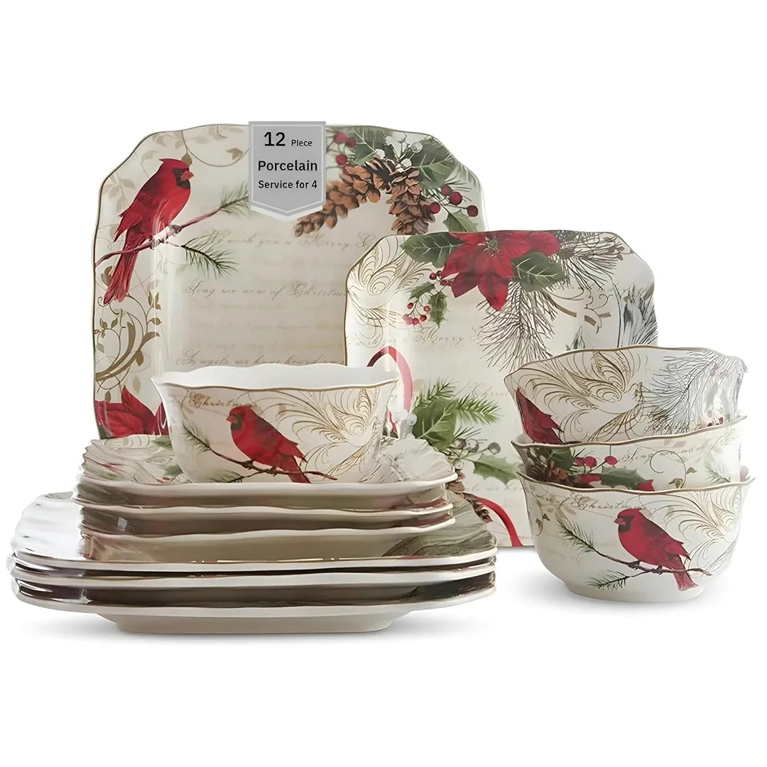 222 Fifth Hudson Valley 12-Piece Holiday Wishes Red Porcelain ...