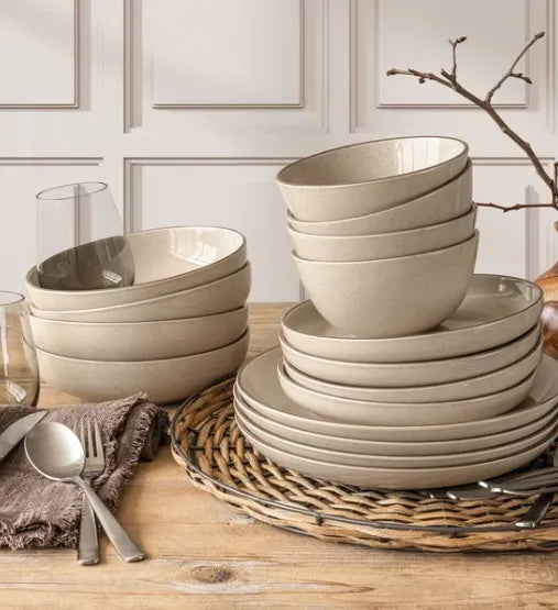 16 Pc Dinnerware Stoneware Dinner Plate and Bowl Set New Beige – REBEL