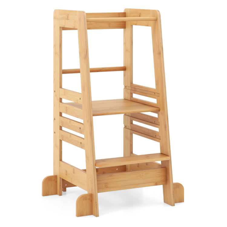 COSTWAY Bamboo Kids Kitchen Step Stool With Adjustable Height and ...