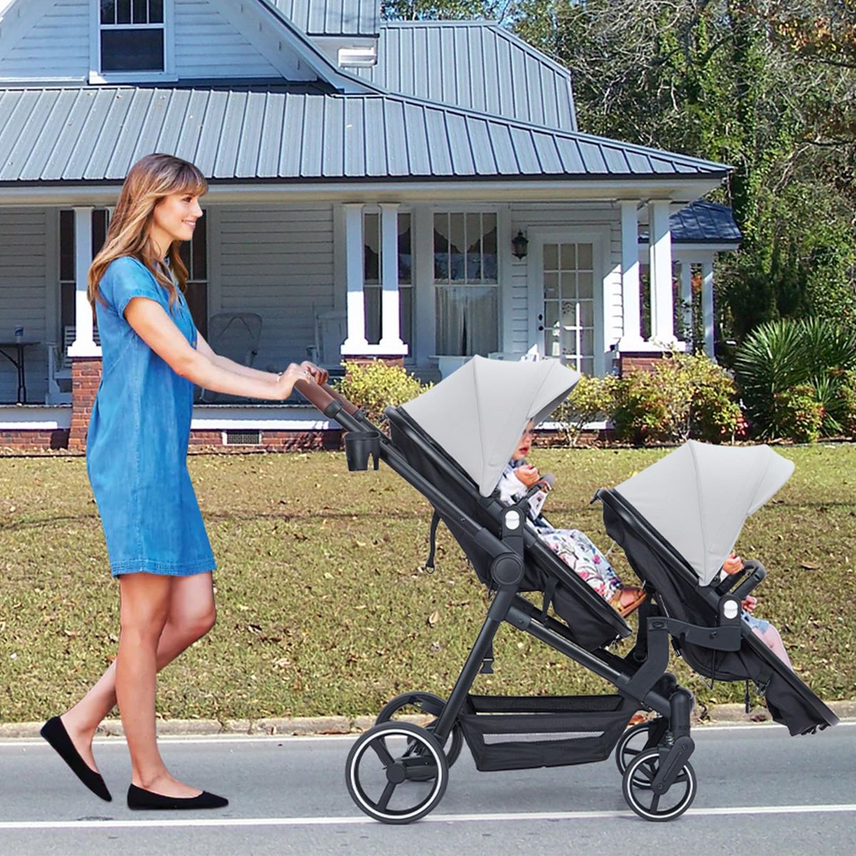 GarveeHome Double Track Tandem Stroller, Foldable Bassinet Pram - Light ...