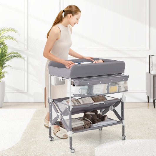 Portable Baby Changing Table With Wheels and Large Storage Rack-Gray ...