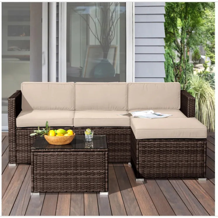 3-Piece Rattan Patio Furniture Set with Sectional and Table, Brown – REBEL
