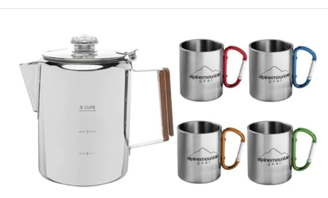 9-Cup Stainless Steel Coffee Percolator Set with Mugs – REBEL