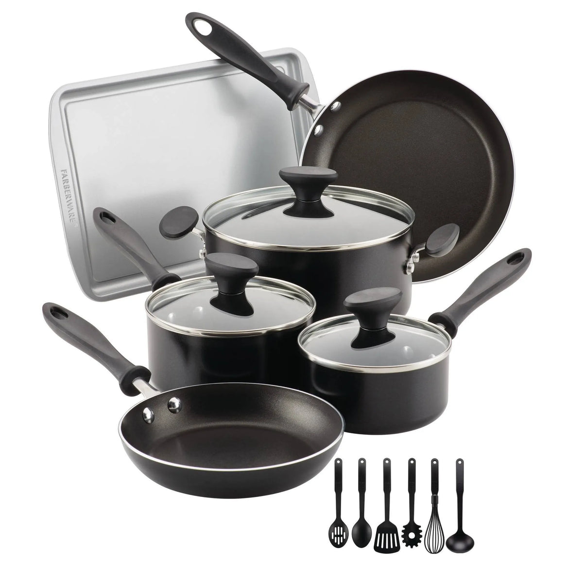 15pc Aluminum Nonstick Cookware Set with Prestige Tools- Black (See De ...