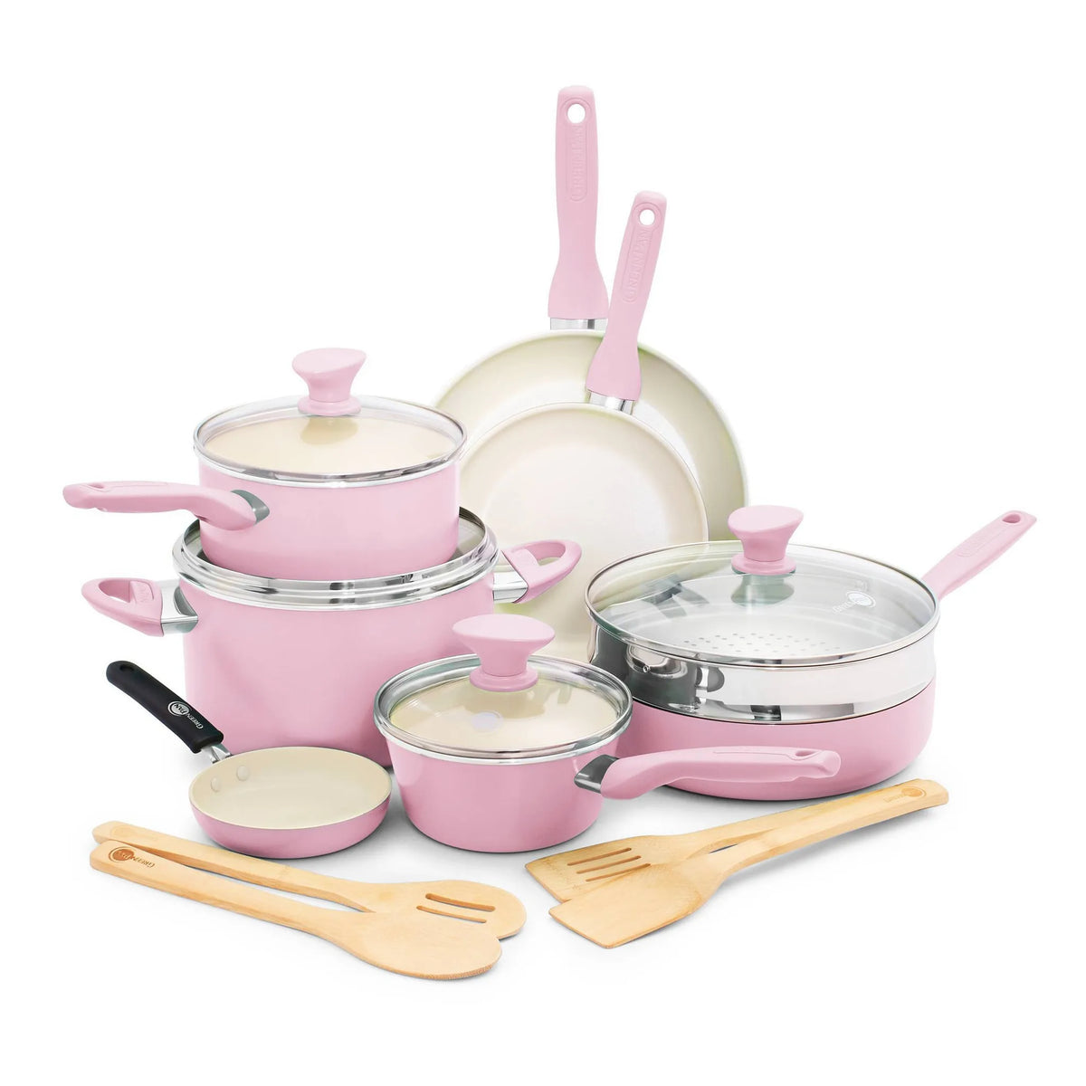 GreenPan Rio 16pc Ceramic Nonstick Cookware Set Blush: Aluminum Pots ...