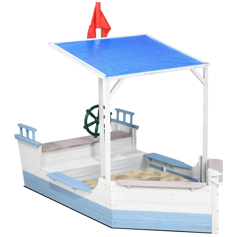 Outsunny Kids Sandbox with Canopy, Pirate Ship Wooden Sand Boxes with ...
