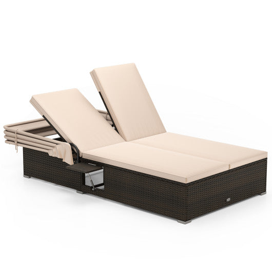 Patio Double Chaise Lounge With Shade Cushions and Folding Side Trays ...